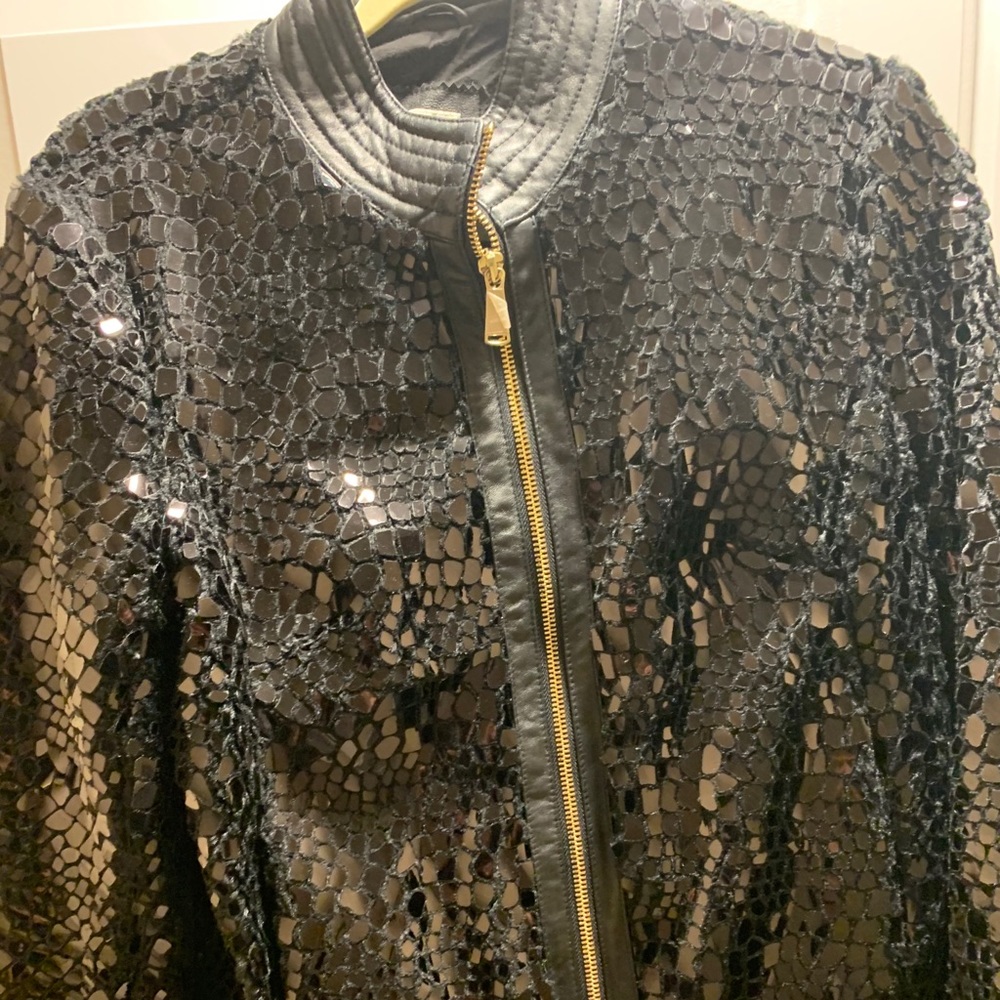 Faux Fur Sequin Leather Bomber Jacket - Gem